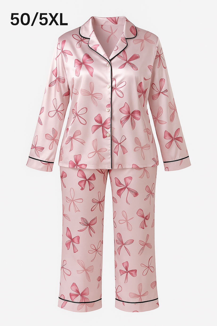 Women’s Plus Size Satin Pajama Set – Pink Bow Print with Black Piping ...